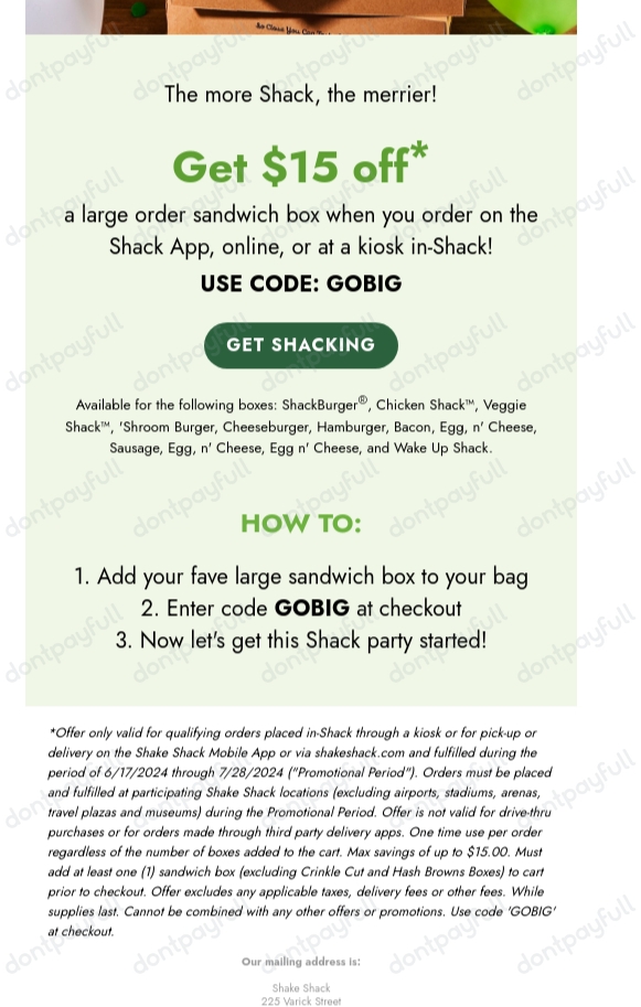$15 Off Shake Shack Coupon, Promo Codes - July 2024
